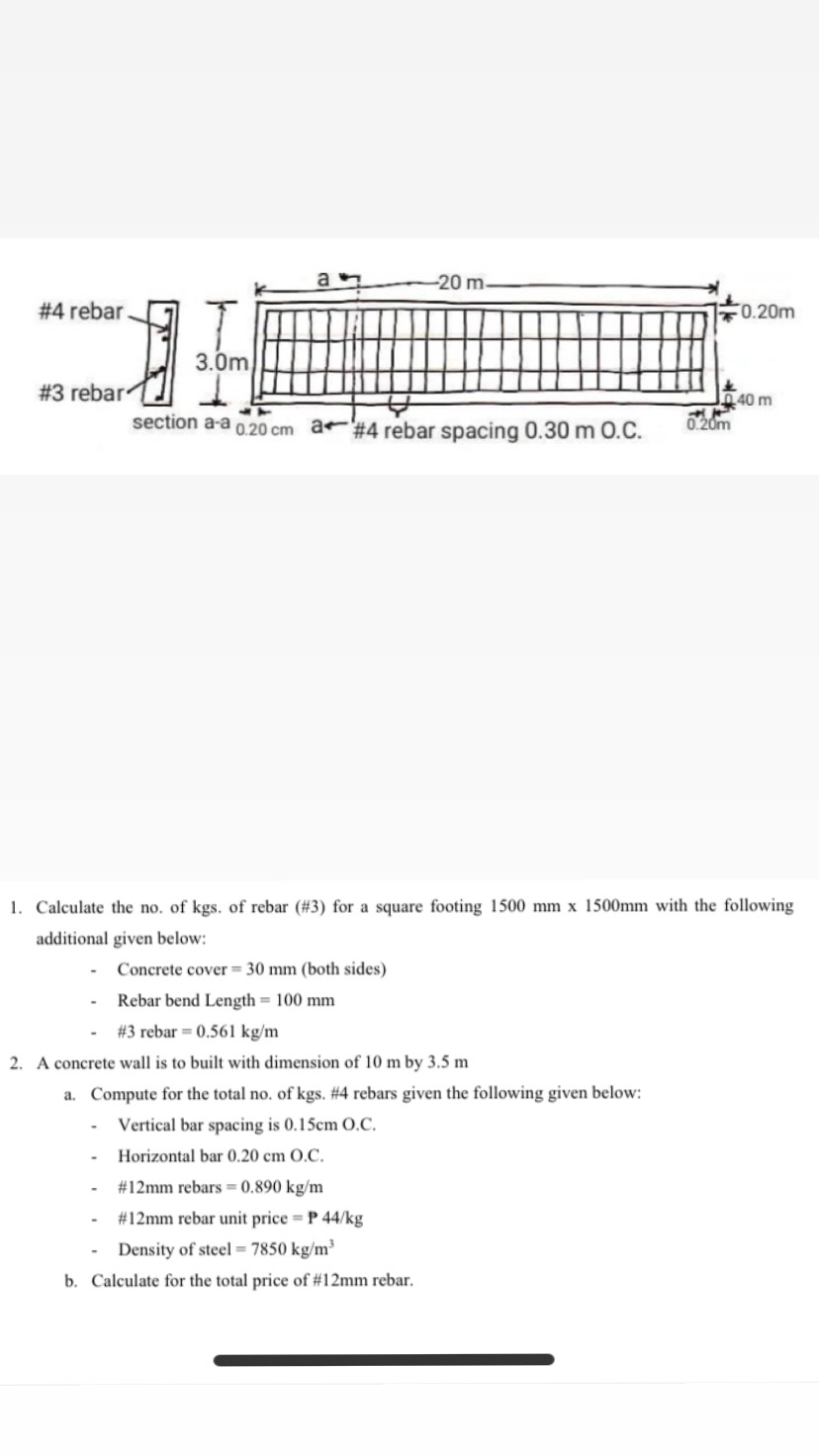 Solved Probelm #1 ﻿Calculate the no. ﻿of kgs. ﻿of rebar (#3) | Chegg.com