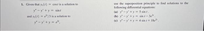 Solved 1. Given that y1(t)=cost is a solution to | Chegg.com