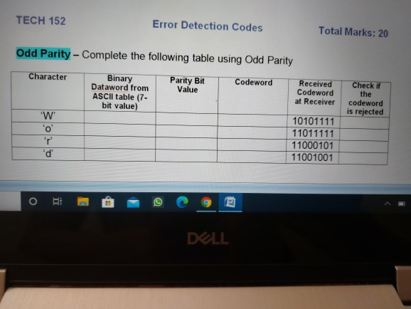 Solved TECH 152 Error Detection Codes Total Marks: 20 Odd | Chegg.com