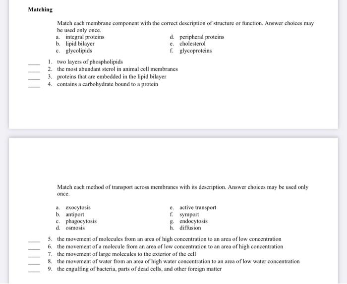 Solved Matching Match each membrane component with the | Chegg.com