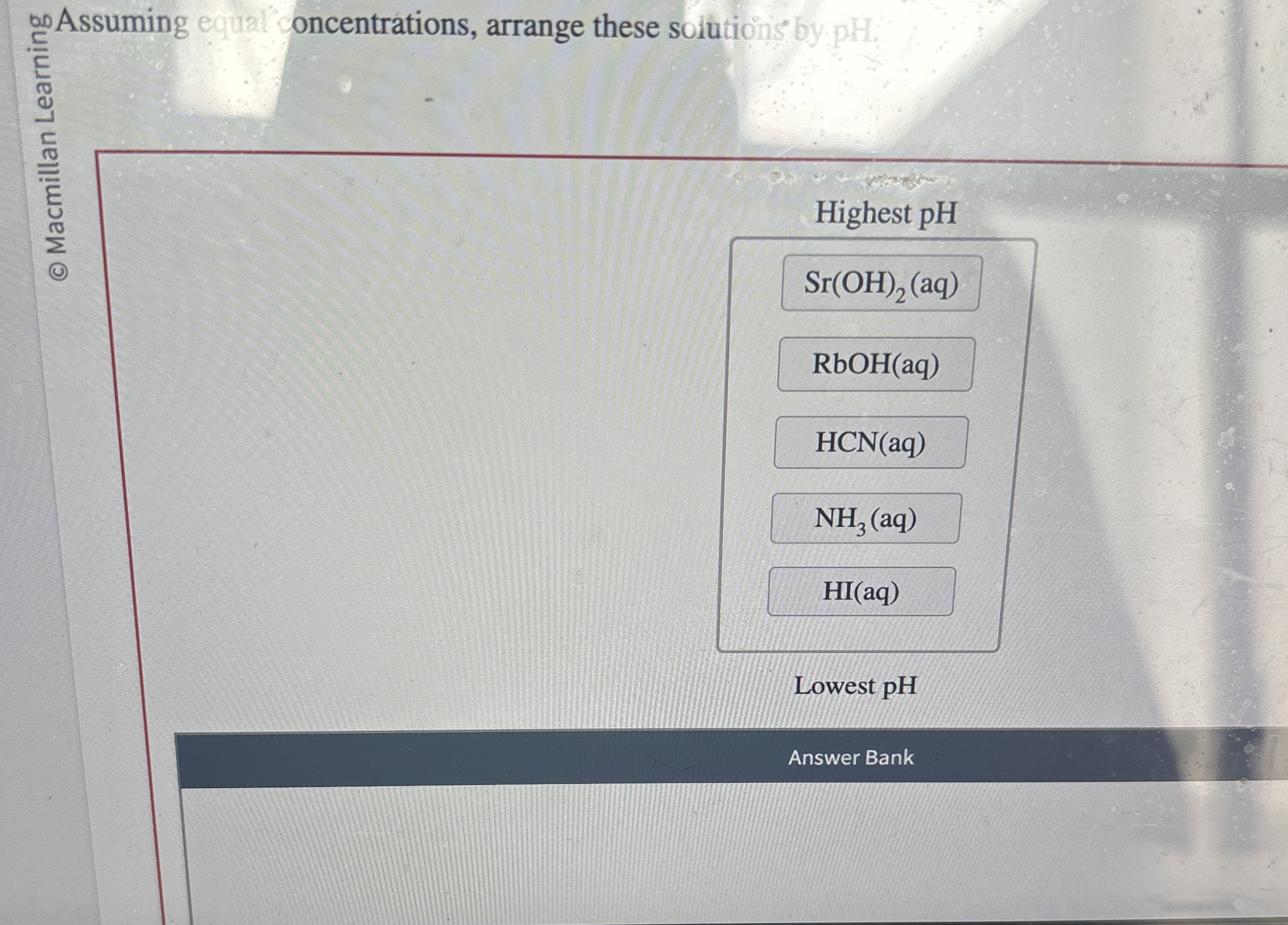 Solved Highest pH NH3(aq) HI(aq) Lowest pHAnswer Bank | Chegg.com