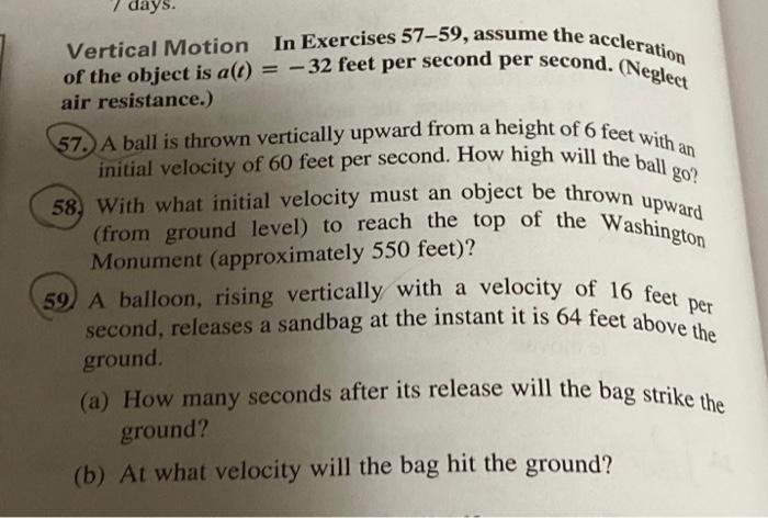 Solved Vertical Motion In Exercises 57-59, assume the | Chegg.com