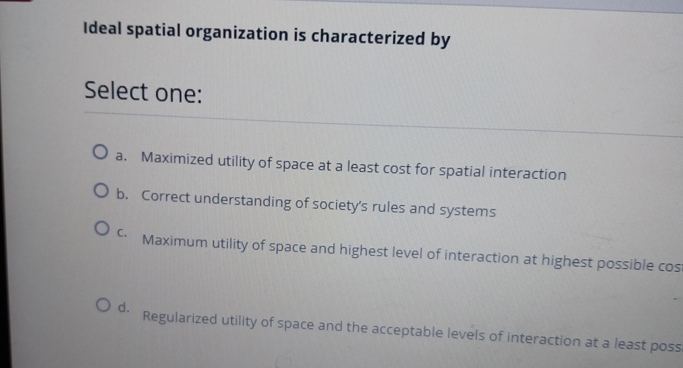Solved Ideal spatial organization is characterized bySelect | Chegg.com