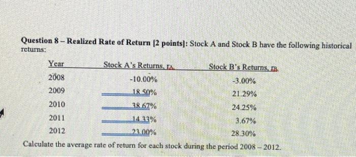 Solved Question 8-Realized Rate of Return [2 points]: Stock | Chegg.com