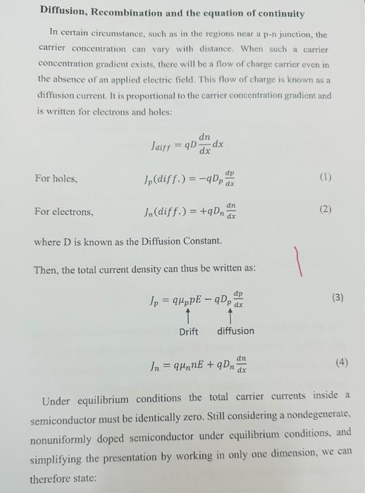 Solved Diffusion, Recombination and the equation of | Chegg.com