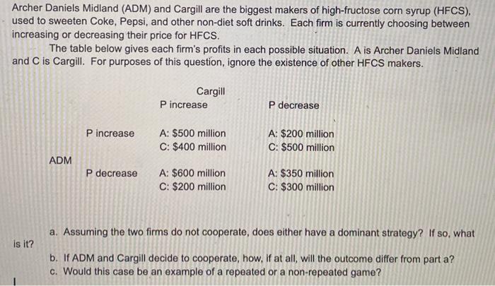 Solved Archer Daniels Midland (ADM) and Cargill are the | Chegg.com