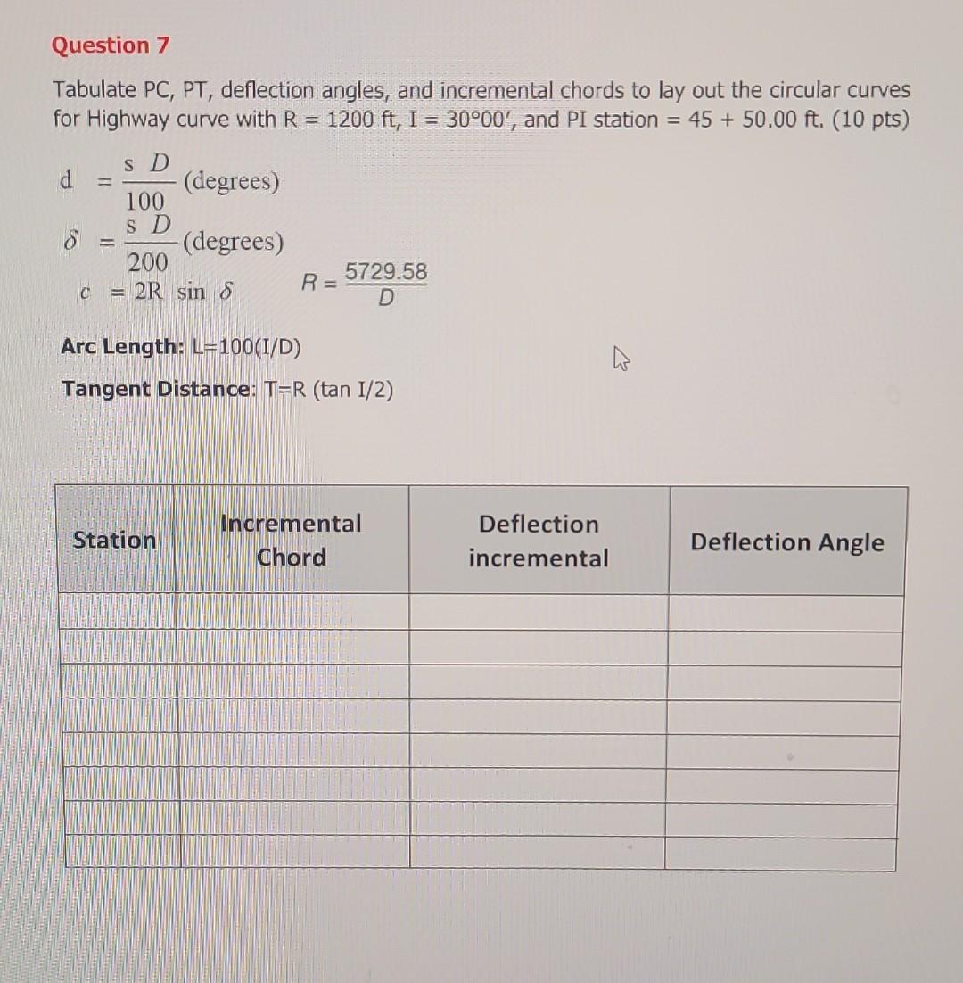 Solved Tabulate PC, PT, deflection angles, and incremental | Chegg.com