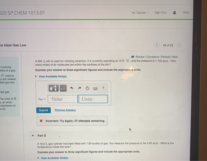 Solved 20 SP CHEM 1013.01 Hi, Tanner Sign Out A Help e Ideal | Chegg.com