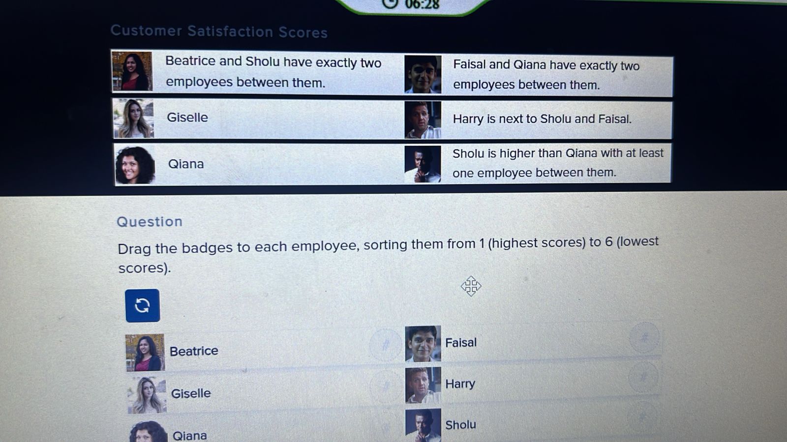 Solved QuestionDrag the badges to each employee, sorting | Chegg.com