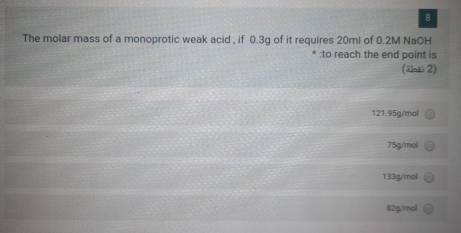 Solved The molar mass of a monoprotic weak acid, if 0.3g of | Chegg.com