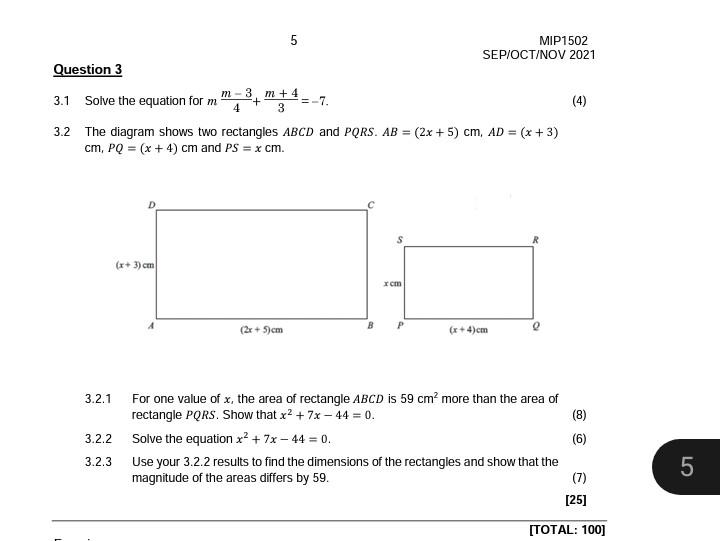 Solved 3.1 Solve the equation for m4m−3+3m+4=−7. 3.2 The | Chegg.com