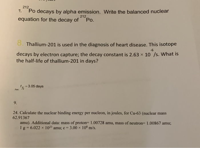Solved 212_ 7. Po decays by alpha emission. Write the | Chegg.com