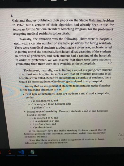 Solved 1. Gale and Shapley published their paper on the | Chegg.com