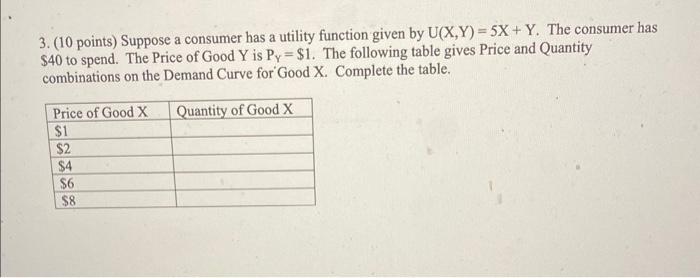 Solved 3. (10 points) Suppose a consumer has a utility | Chegg.com