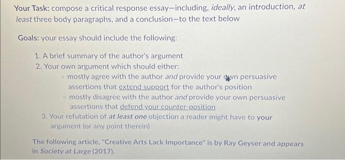 Your Task: compose a critical response | Chegg.com