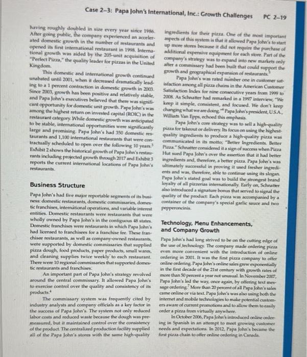 Case 2-3: Papa John's International, Inc.: Growth | Chegg.com