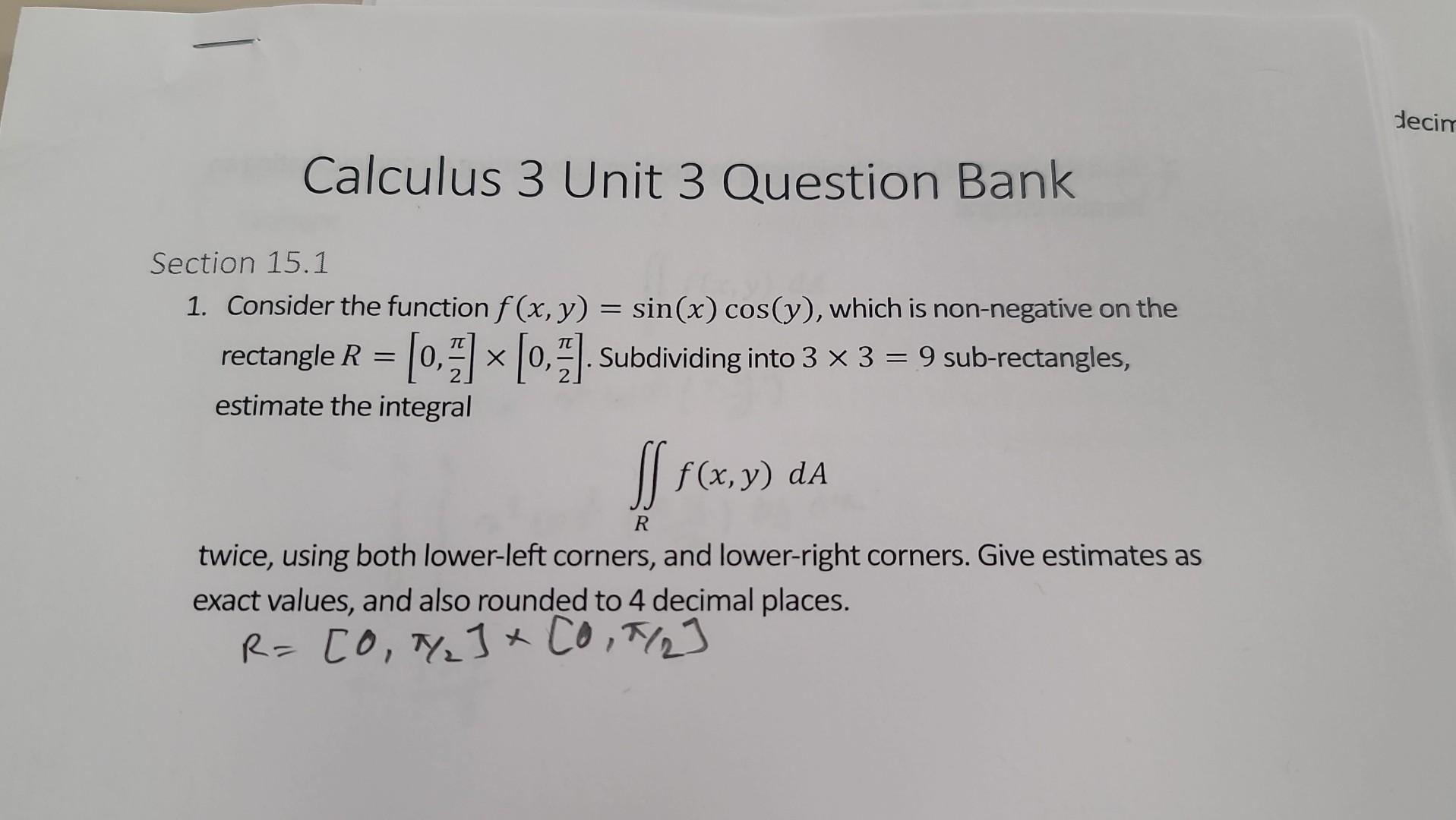 Solved Calculus 3 Unit 3 Question Bank ection 15.1 1. | Chegg.com