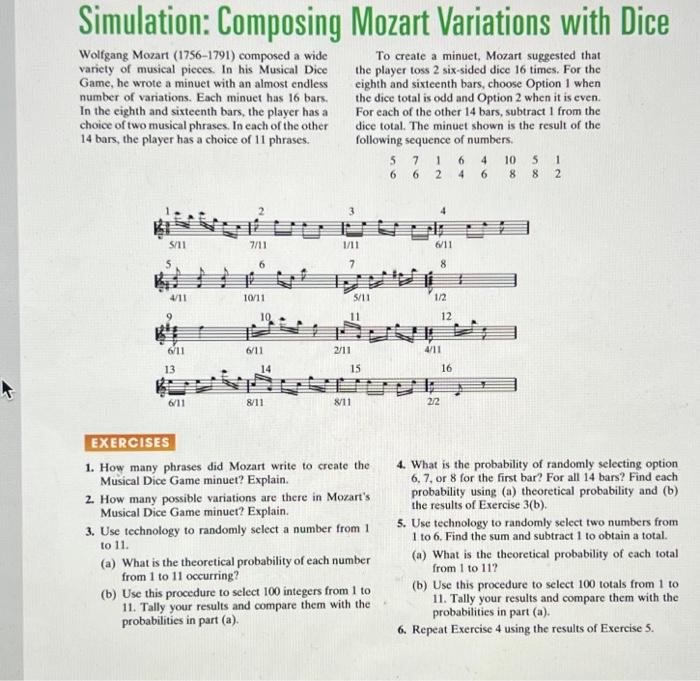 Solved Simulation: Composing Mozart Variations with Dice | Chegg.com