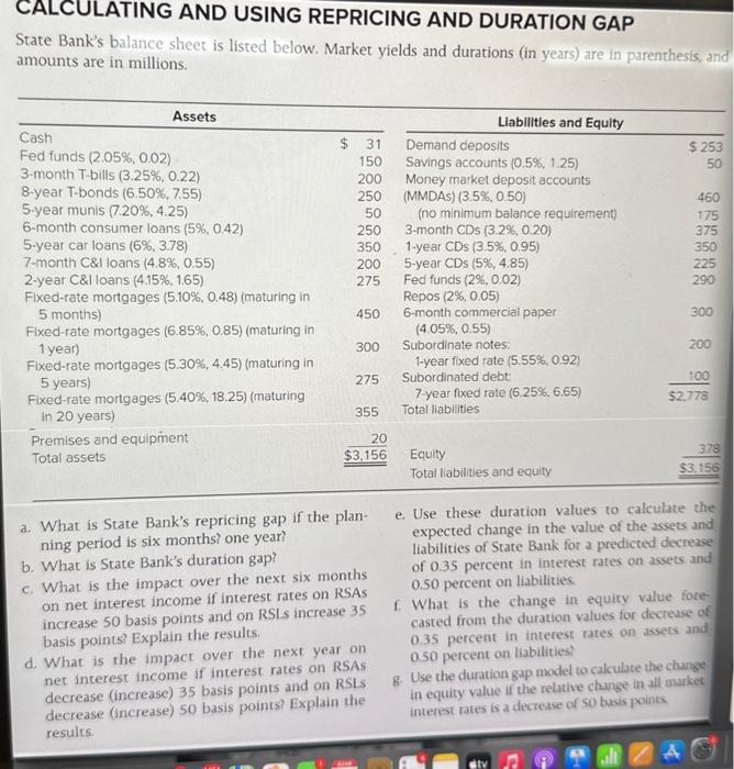 Solved CALCULATING AND USING REPRICING AND DURATION GAP | Chegg.com