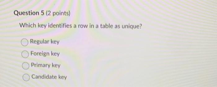 Which key identifies a row in a table as unique? | Chegg.com