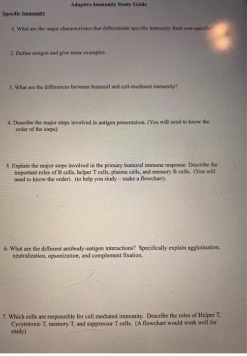 Solved Adaptive Immunity Study Guide Specific Immunity 1. | Chegg.com