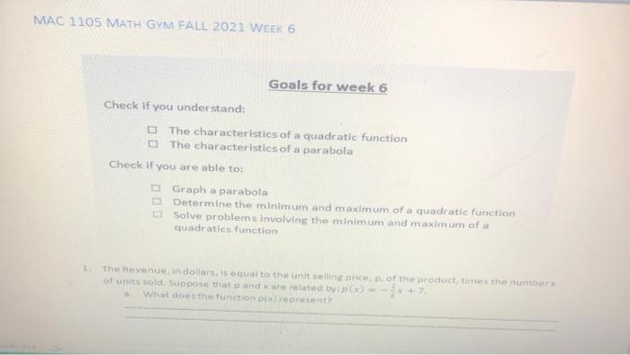 Solved MAC 1105 MATH GYM FALL 2021 WEEK 6 Goals for week 6 | Chegg.com Solved MAC 1105 MATH GYM FALL 2021 WEEK 6 Goals for week 6 | Chegg.com
