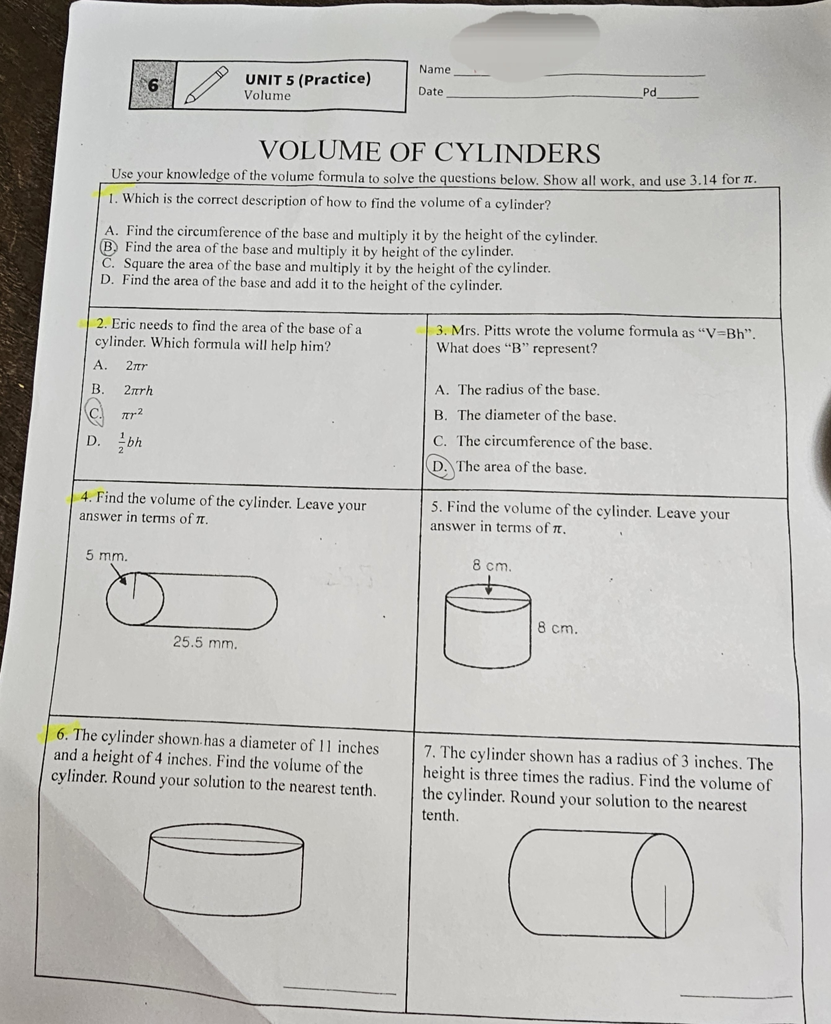 VOLUME OF CYLINDERS Use your knowledge of the volume | Chegg.com