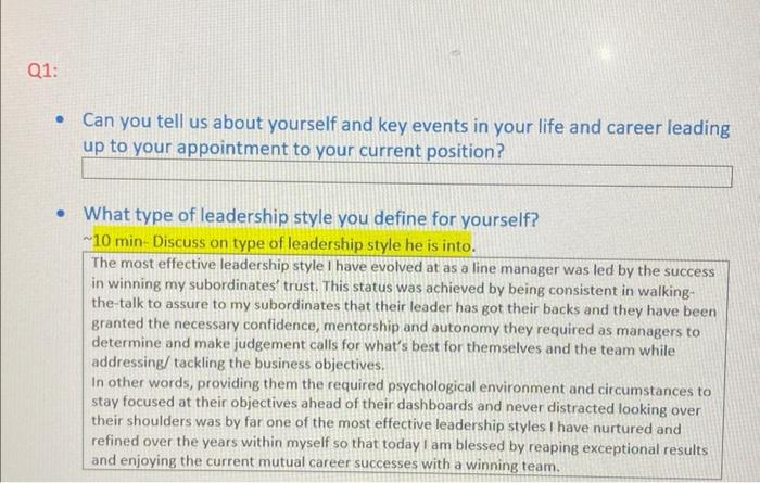 These are answers for an interview with a leader. | Chegg.com