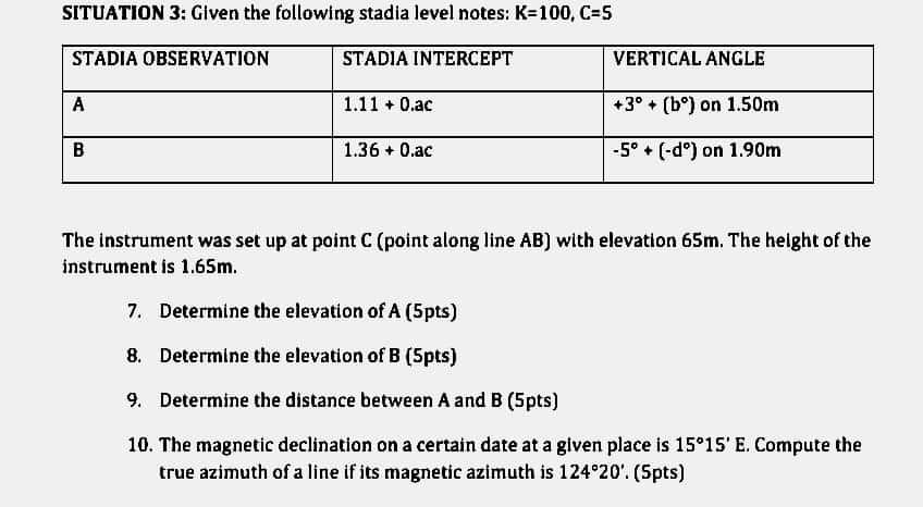 Solved SITUATION 3: Given the following stadia level notes: | Chegg.com