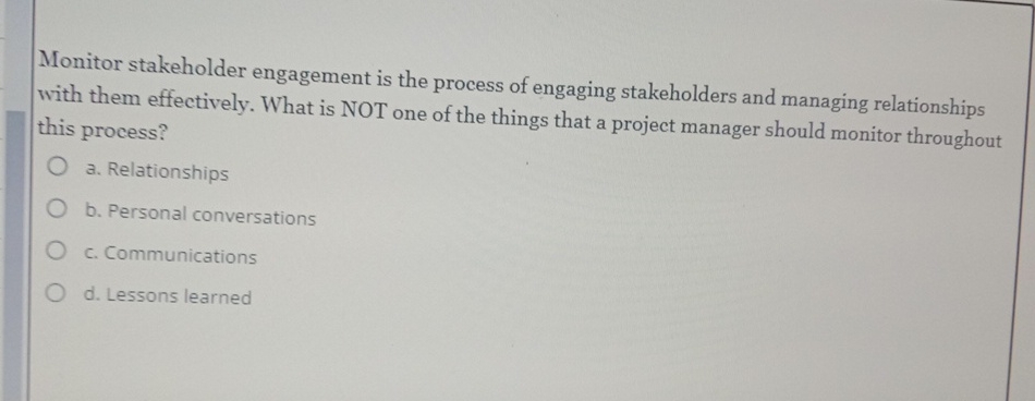 Solved Monitor stakeholder engagement is the process of | Chegg.com