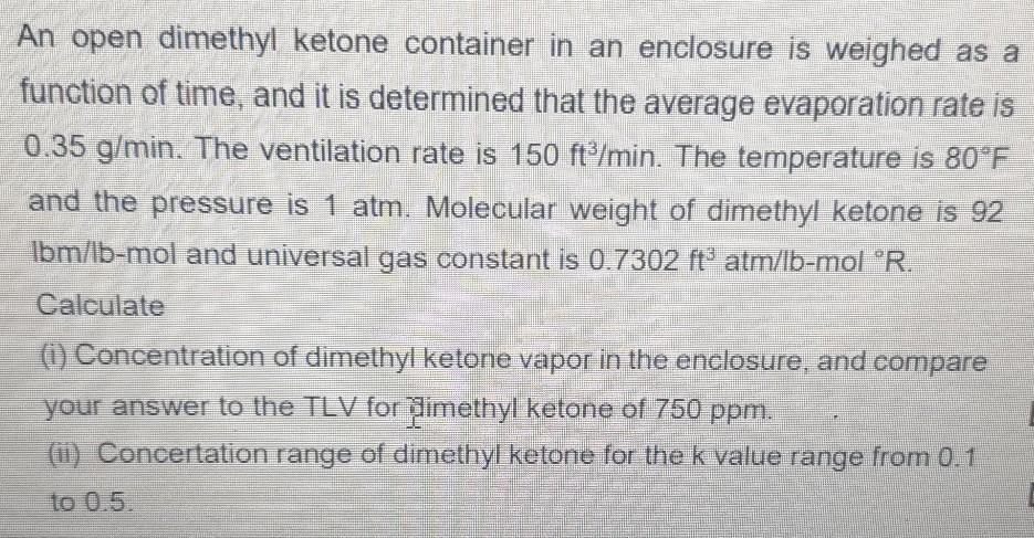 Solved An open dimethyl ketone container in an enclosure is | Chegg.com
