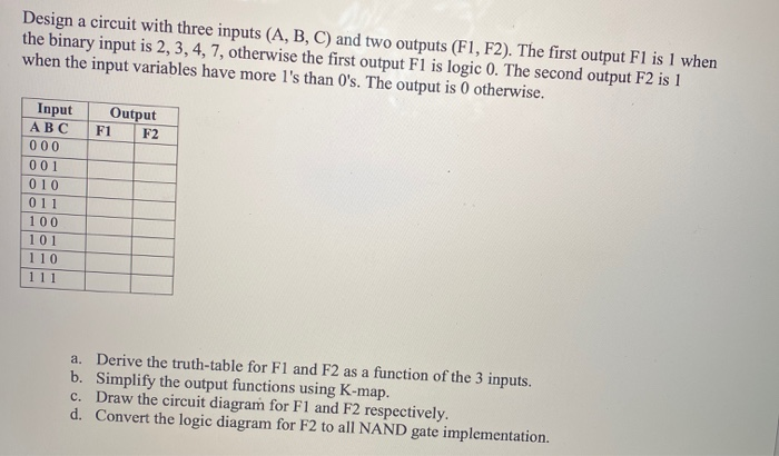 Solved Design a circuit with three inputs (A, B, C) and two | Chegg.com