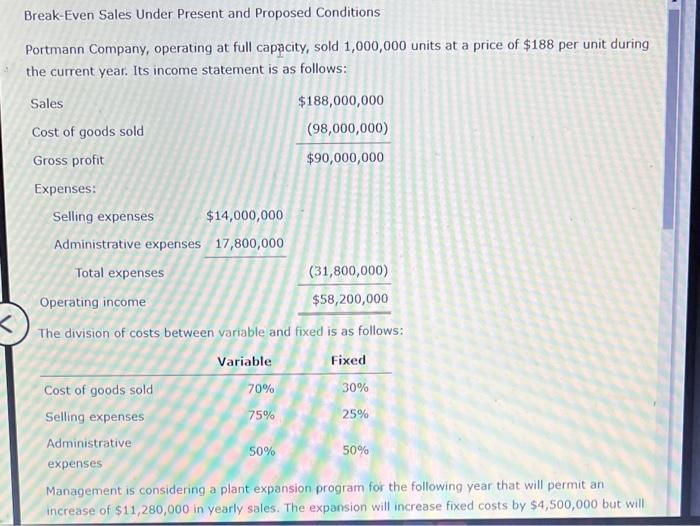 Solved Break-Even Sales Under Present and Proposed | Chegg.com