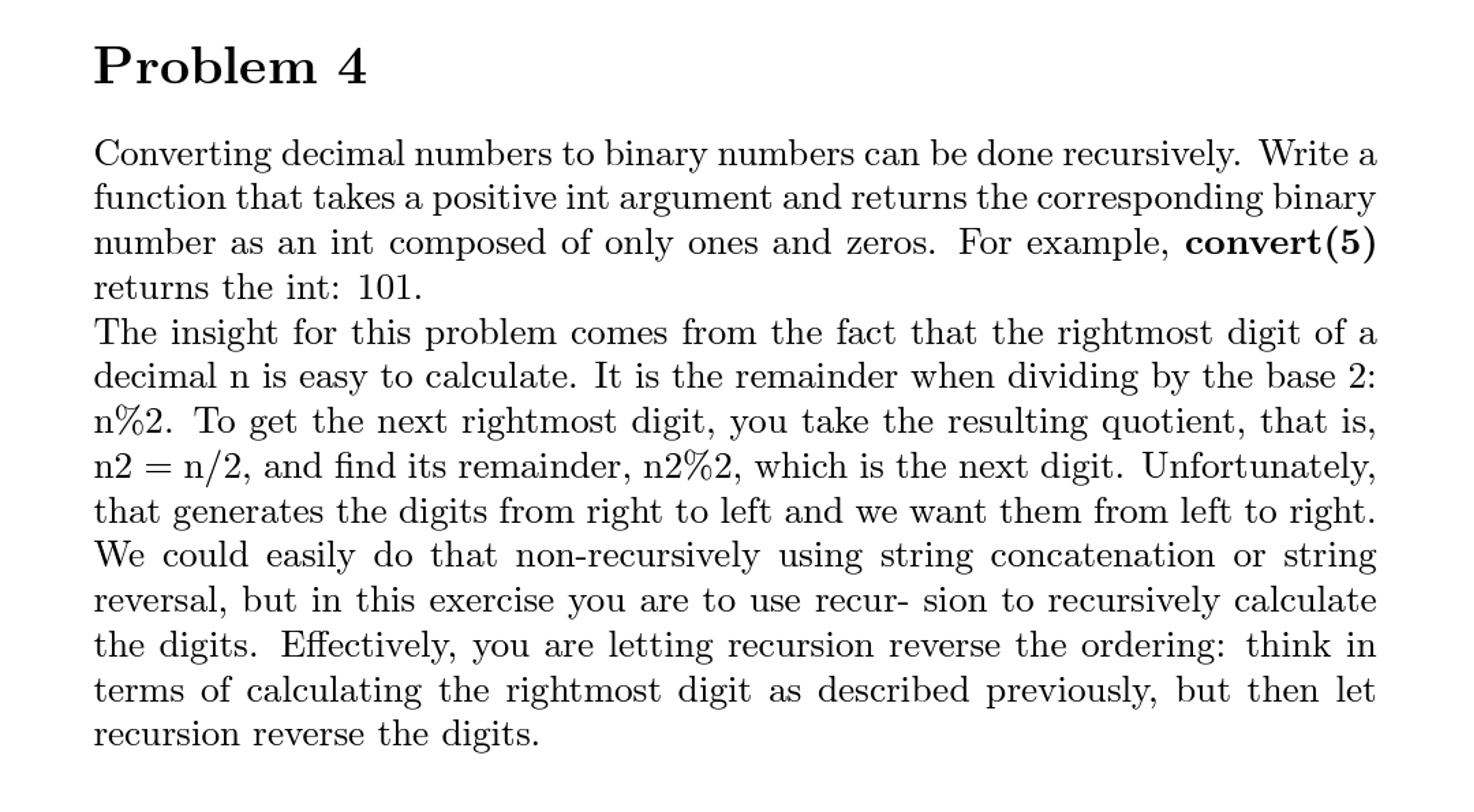 Solved Problem 4Converting decimal numbers to binary numbers | Chegg.com