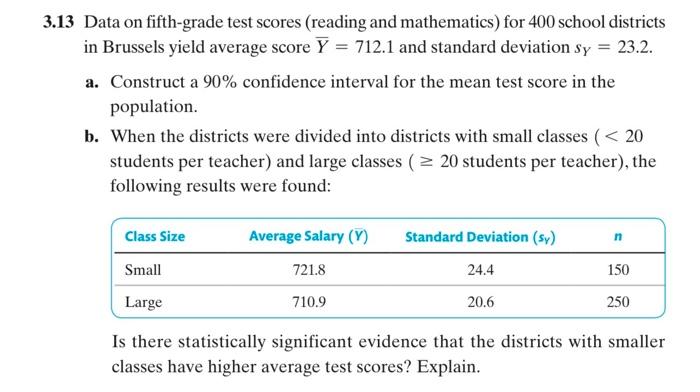 Solved 3.13 Data on fifth-grade test scores (reading and | Chegg.com