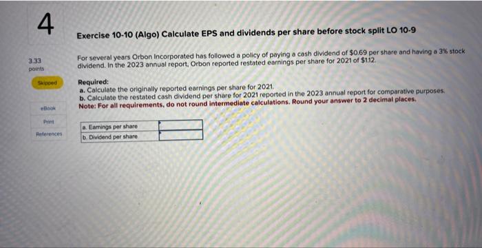 Solved Exercise 10-10 (Algo) Calculate EPS and dividends per | Chegg.com