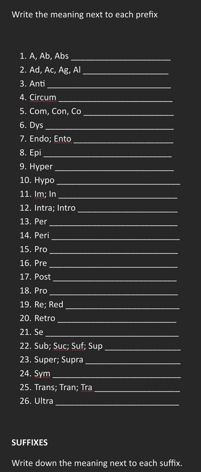 Solved Write the meaning next to each prefixA, ﻿Ab, ﻿Abs | Chegg.com