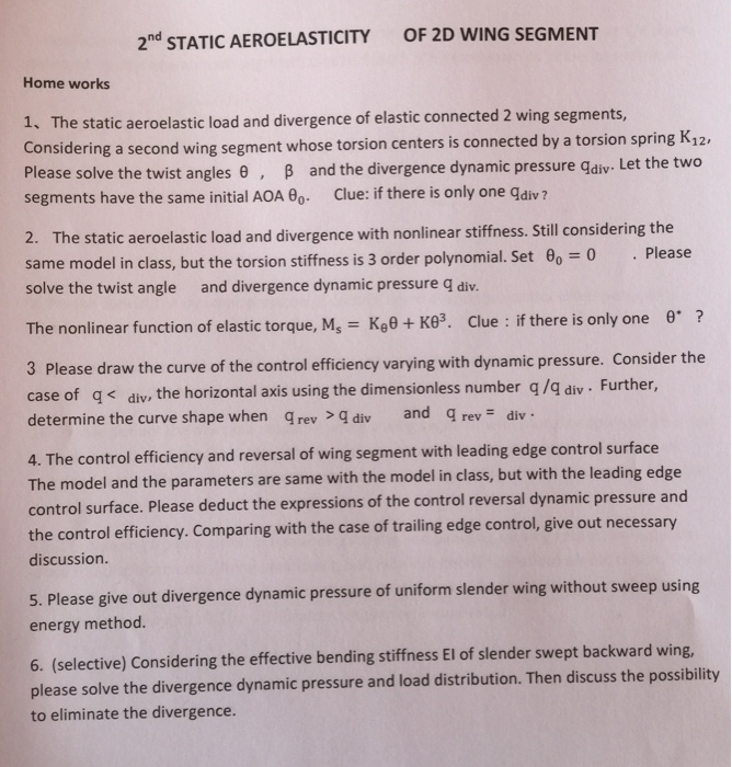 2nd STATIC AEROELASTICITY OF 2D WING SEGMENT Home | Chegg.com