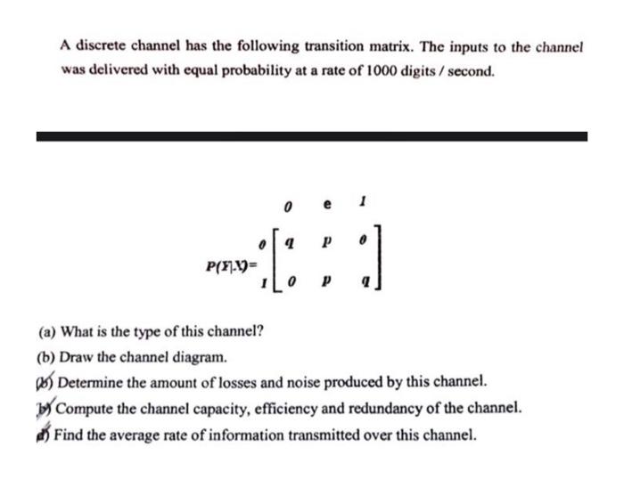 A discrete channel has the following transition | Chegg.com