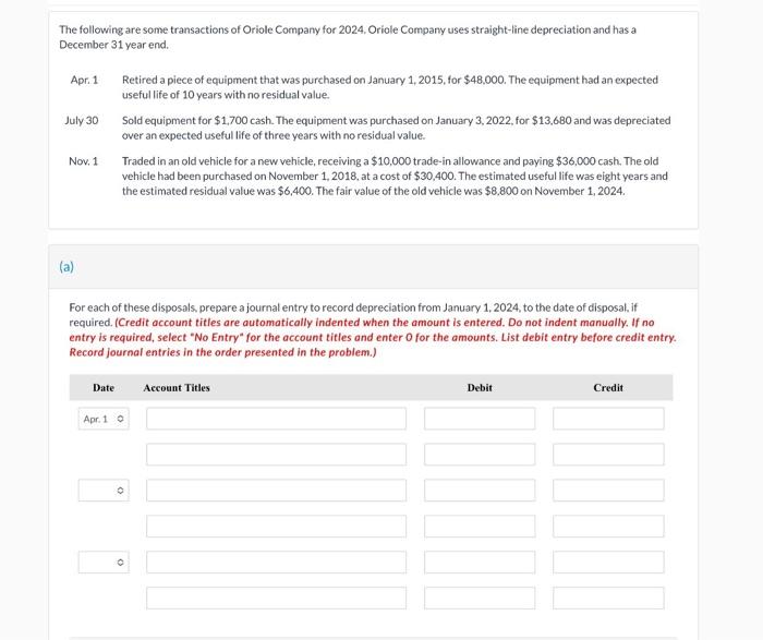 Solved The following are some transactions of Oriole Company | Chegg.com