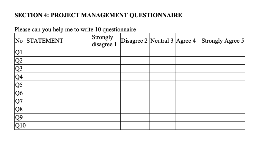 Solved project management questionnaire SECTION 4: PROJECT | Chegg.com