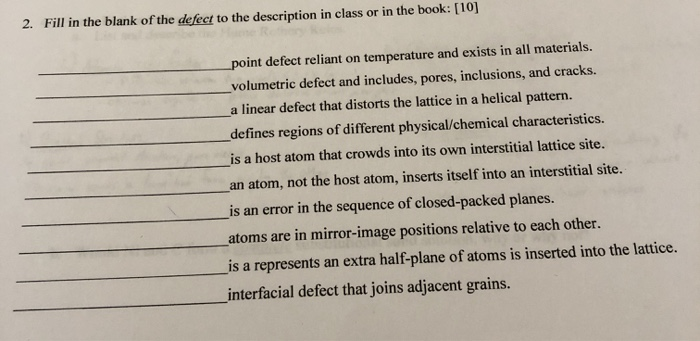 Solved 2. Fill in the blank of the defect to the description | Chegg.com