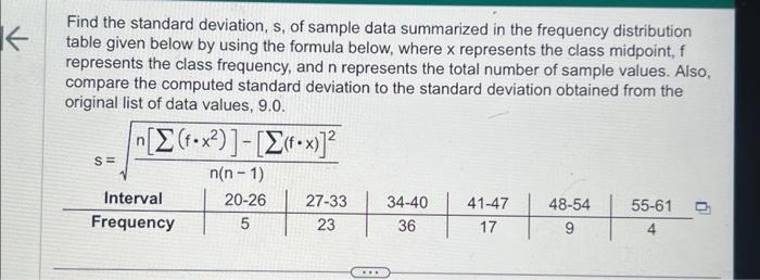 Solved Find the standard deviation, s, of sample data | Chegg.com