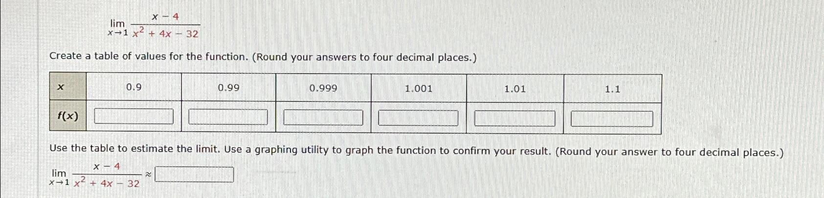 Solved limx→1x-4x2+4x-32Create a table of values for the | Chegg.com