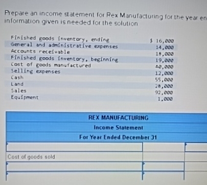 Solved Preepare an income statement for Rex Manufacturing | Chegg.com