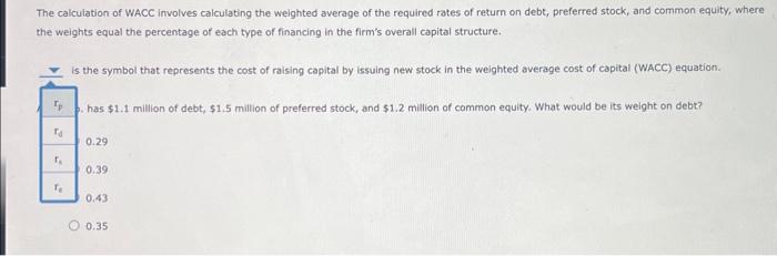 Solved The calculation of WACC involves calculating the | Chegg.com