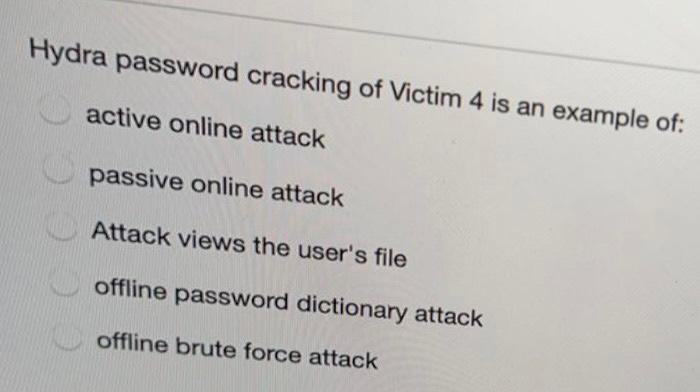 Solved Hydra password cracking of Victim 4 is an example of: | Chegg.com