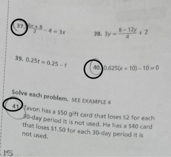 Solved (37.) 2x+8−4=3x 38. 3y=48−12y+2 39. 0.25t=0.25−t (40. | Chegg.com