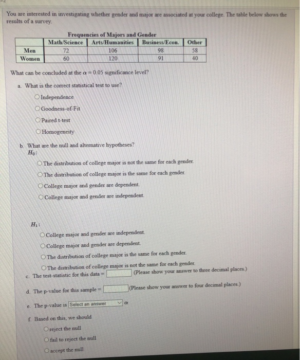 Solved You are interested in investigating whether gender | Chegg.com