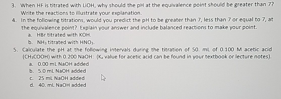 Solved When HF is titrated with LiOH, why should the pH ﻿at | Chegg.com